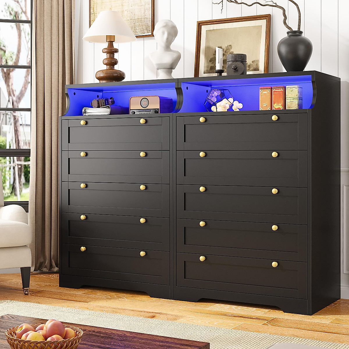 EnHomee 5 Drawer Dresser with LED, Black Dresser for Bedroom, Bedroom Dressers & Chests of Drawers, Tall Dresser with Deep Drawers for Bedroom Hallway Closet