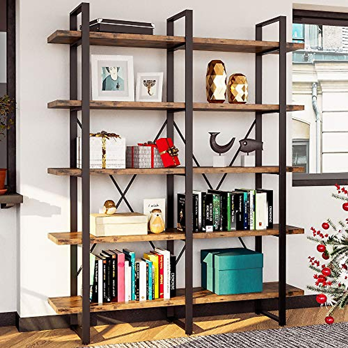 IRONCK Industrial Bookshelf and Bookcase Double Wide 5 Tier, Large Open Shelves, Wood and Metal Bookshelves for Home Office Furniture, Easy Assembly