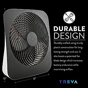 Treva 10-Inch Portable Desktop Battery Fan, Powered by Battery and/or AC Adapter - Air Circulating with 2 Cooling Speeds, With Built In USB Charging Port