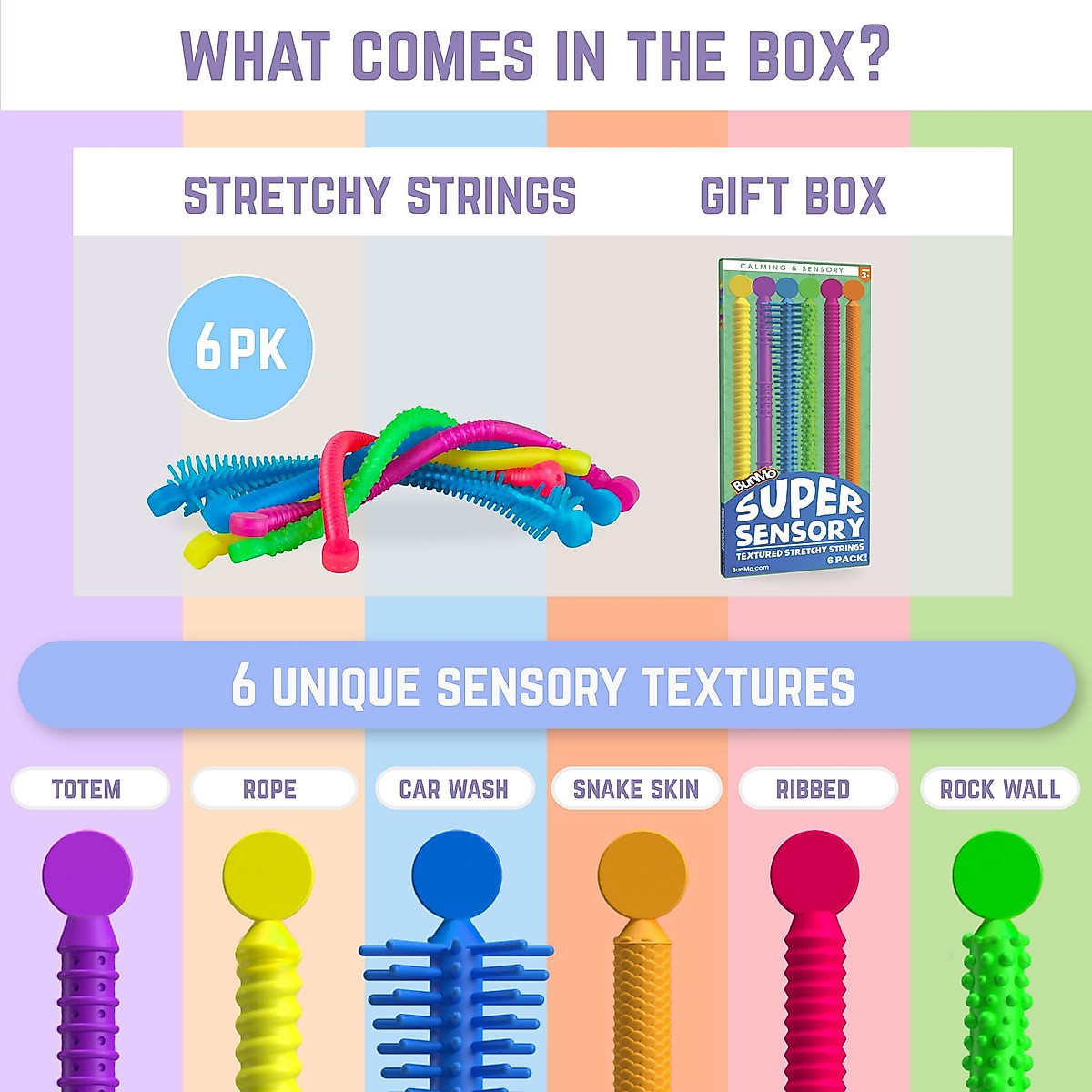BUNMO Super Sensory Stretchy Strings 6pk | Calming & Textured Monkey Stretch Noodles | Sensory Toys for Autistic Children | Stress Relief & Anxiety Toys for Kids | Hours of Fun for Kids
