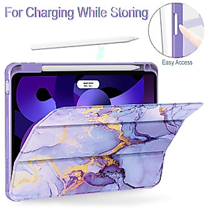 Feams Case for iPad Air 11-inch M2 (2024), iPad Air 5th Generation Case, iPad Air 5th/4th 10.9 Inch 2022/2020 Case Clear Back with Auto Sleep & Pencil Holder for iPad Air 5/4, Purple Gold Marble