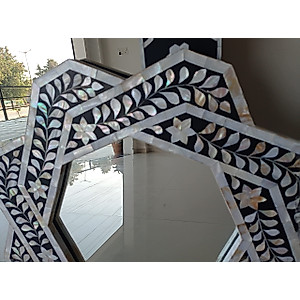 Handmade Mother Of Pearl Inlay Hexagonal Black Floral Pattern Mirror Frame | Handmade MOP Inlay Mirror Frame For Home Decor