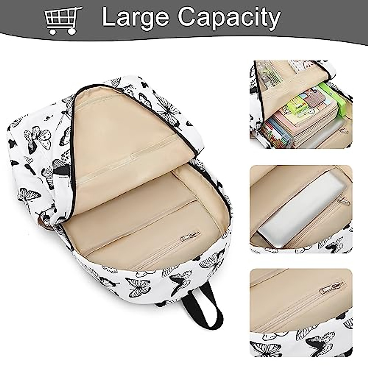 LEDAOU Backpack for Girls School Bag Kids Bookbag Teen Backpack Set Daypack with Lunch Bag and Pencil Case (Butterfly White)