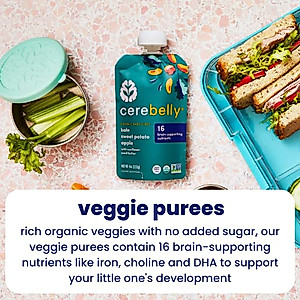 Cerebelly Organic Baby Food Pouches Kale Sweet Potato Apple (4 Ounce, 6 Count) - Toddler Snacks - 16 Brain-supporting Nutrients from Superfoods - Healthy Snacks, Gluten-Free, BPA-Free, No Added Sugar