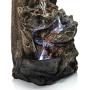 Alpine Corporation 14" Tall Indoor/Outdoor Tiered Log Tabletop Fountain with LED Lights, Beige