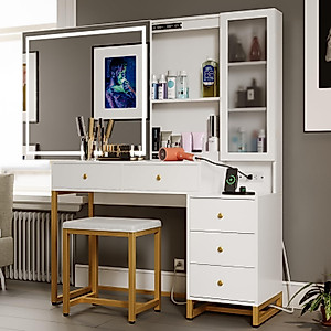 Wildhome Vanity Set with Lighted Mirror and Charging Station, Extra Large Mirror Makeup Vanity Table with Cushioned Stool,5 Drawers, Modern Vanity Table with Nightstand, White and Gold