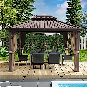 Kozyard Caesar 10'x12' Hardtop Gazebo - Permanent Metal Pavilion with Netting Shaded Curtains for Patio, Backyard, and Deck - Galvanized Steel Outdoor Aluminum Canopy, Double Roof Gazebo (Dark Brown)