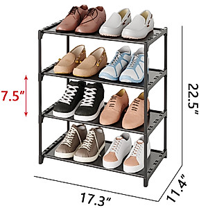 TAUEHR 4-Tier Small Shoe Rack,Stackable Kids Shoe Organizer Storage,Narrow Shoe Shelf for Closet,Entryway and Hallway -17.4" W x 11.4" D x 22.5" H (Black)
