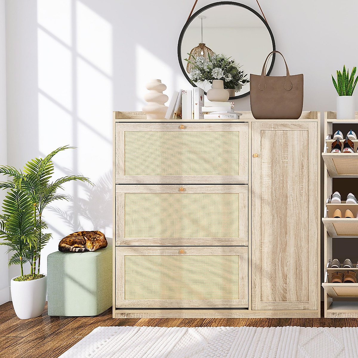 FUQARHY Shoe Cabinet with 3 Flip Drawers & Doors, Modern Slim Shoe Storage Cabinet Free Standing Shoe Organizer Shoe Rack for Boot, Sneaker, Entryway Narrow Shoe Storage for Hallway Living Room