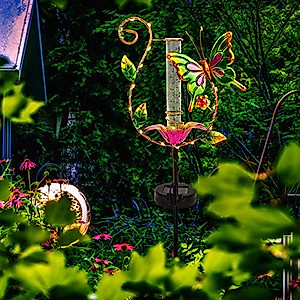 Juegoal 31.5 Inch Rain Gauge, Solar Powered Lighted Butterfly Garden Stakes Decor with 16 LED Warm White Copper Lights, Metal Yard Art Outdoor Lawn Pathway Patio Decorations