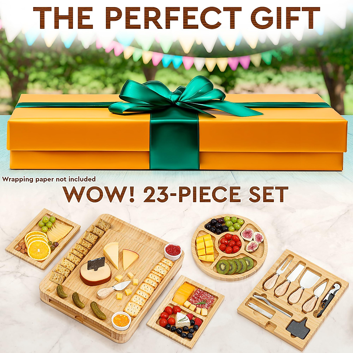 Charcuterie Boards Deluxe Gift Set - 23 Pieces, Bamboo - Large Cheese Board Plus Fruit Tray for Thanksgiving Party, Christmas Present, Birthday w/ Utensil Drawer, Knives, Forks, Wine Opener & More