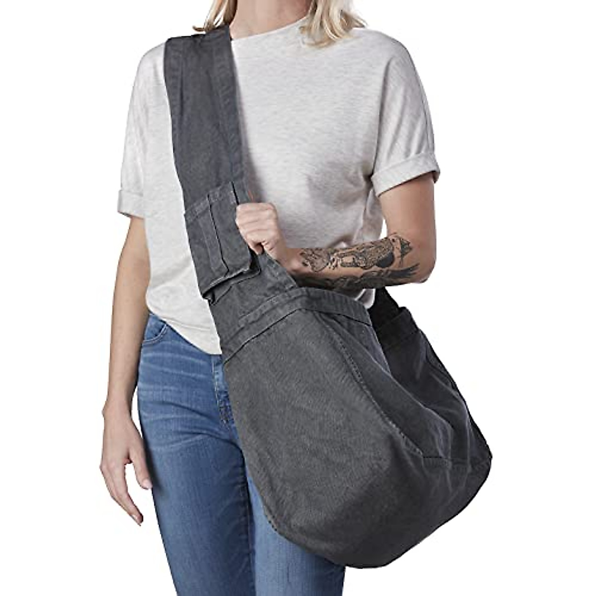 COLONY CO The Farmers Market Bag - Organic Cotton Canvas - Crossbody Sling Design - Cargo Pockets - Comfortable Wide Strap for Easy Carrying - Foldable - Washable - Durable, Strong - Gray - Made