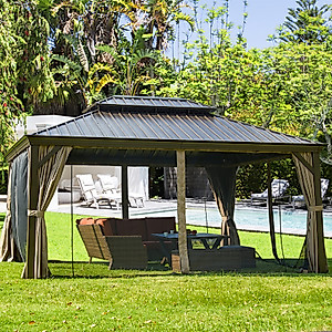 Domi Outdoor Hardtop Gazebo 12x16ft Metal Gazebos Backyard Pavilion Aluminum Roof Canopy with Mosquito Netting and Curtains for Patio,Garden,Lawn (Brown)