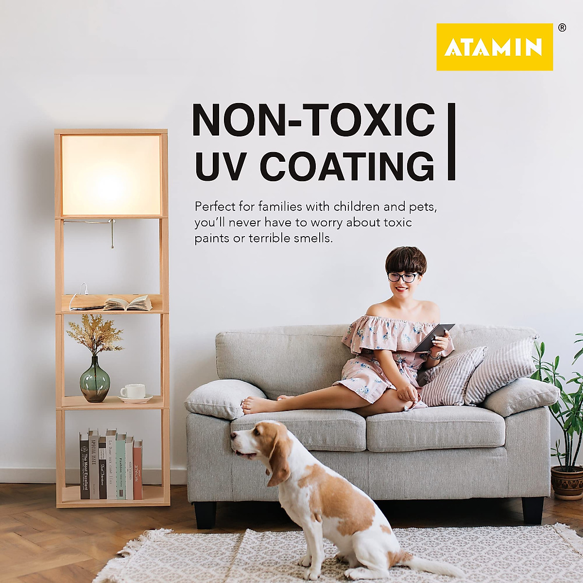 ATAMIN Avery Plus Charging Edition - 63" Floor Lamp with USB-C Charging Station, Shelf Lamp for Living Room and Bedroom, Standing Lamp with Shelves, USB, USB-C, and Power Outlet (Natural Wood)