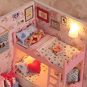 Ogrmar Wooden Dollhouse Miniatures DIY House Kit with Cover and Led Light-Blossom Age