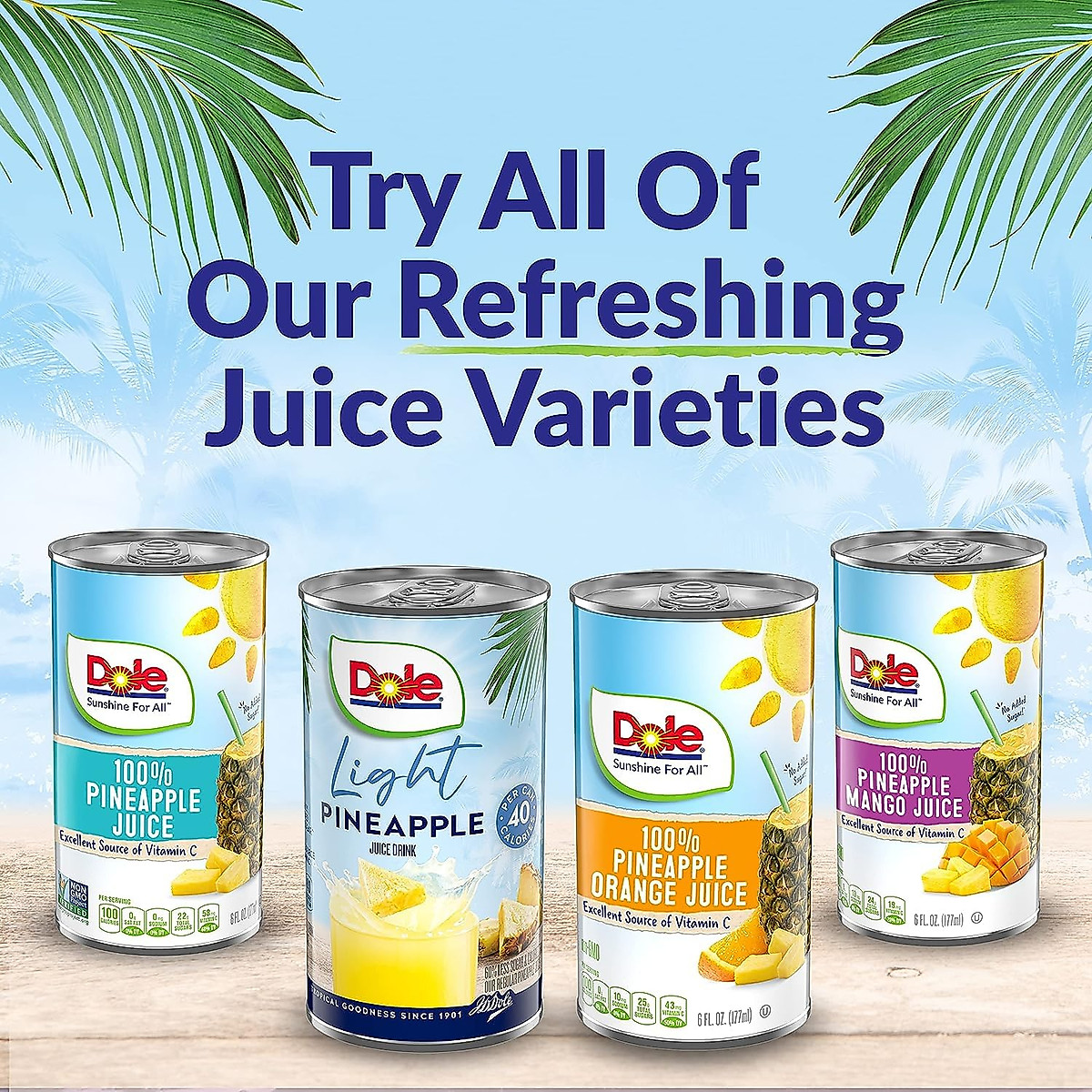 Dole Light Pineapple Juice Drink, No Added Sugar, 40 Calories Per Can, Excellent Source of Vitamin C, 100% Fruit Juice, 6 Fl Oz (Pack of 48)