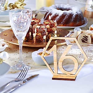 BravOne Wooden Table Numbers, Hexagon Shape 1-20 Wedding Table Numbers with Holder Base Rustic Hollow Out Wood Table Numbers Card for Wedding Party Event Catering Decoration (Hexagon)