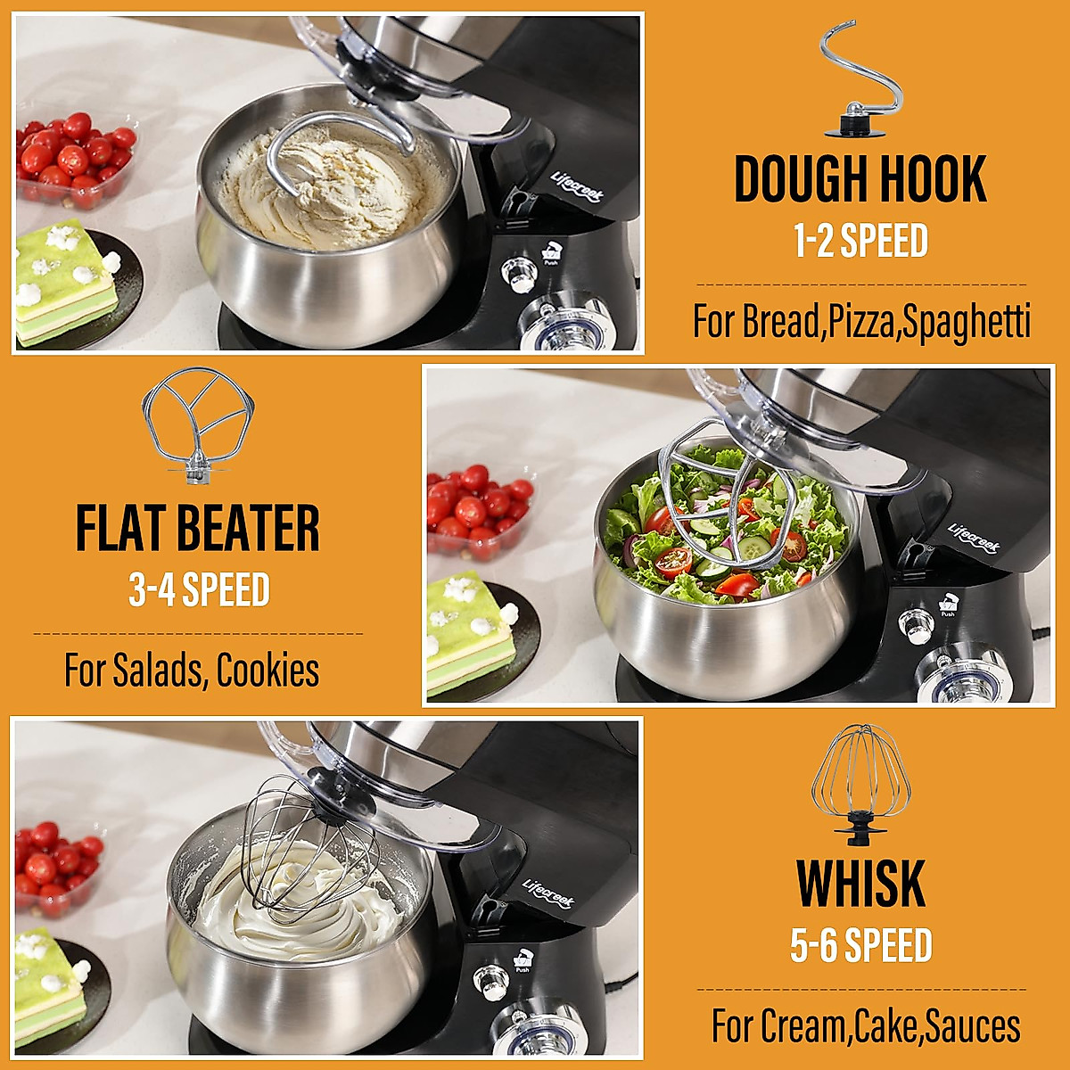 Lifecreek 6-in-1 Multifunctional Stand Mixer, 5.3Qt 660W, 6-Speed Tilt-head, Electric Kitchen Mixer with Stainless Steel Bowl,Meat Grinder, Juice Blender (Black)