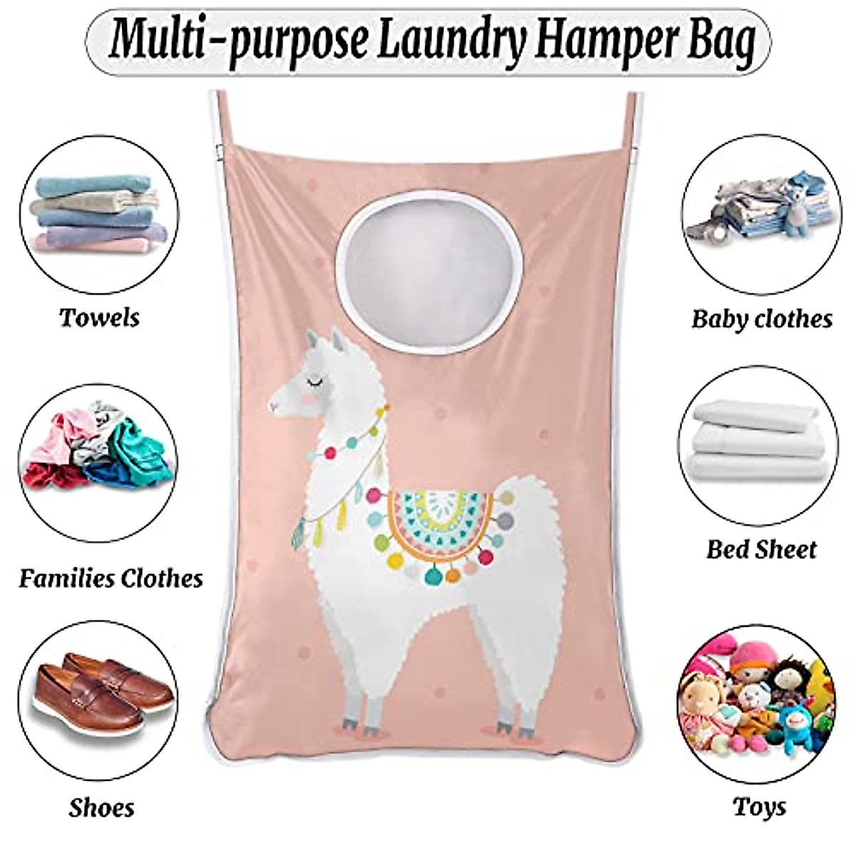 Cute Alpaca Hanging Laundry Hamper Bag with 2 Door Hooks, Pink Alpaca Holding Dirty Clothes Bag, Saving Space Hanging Laundry Bag for Door Wall, Closet, Bathroom