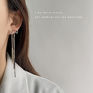 Chic Bow Knot Threader Dangle Stud Earrings Butterfly Knot Tassel Long Chain Dangling Charm Drop Statement Earring Christmas Jewelry for Women