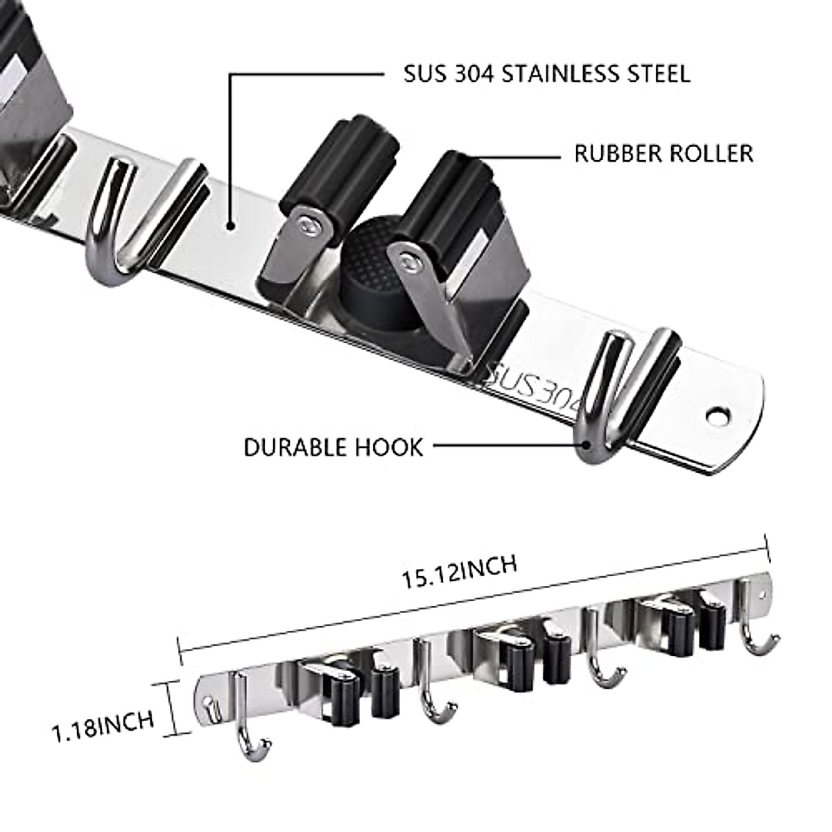 Kozci 2 Pack Mop and Broom Holder Wall Mount, Anti-Slip Broom Organizer Wall Mount Self Adhesive Broom Hanger, Stainless Steel Tools Rack Mop Storage Organizer for Kitchen Garden Garage(3 Racks 4Hook)