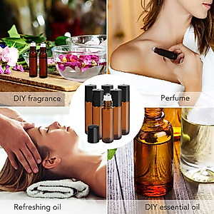 LotFancy Essential Oil Roller Bottles, 6pc 10ml Amber Glass Bottle with Stainless Steel Roller Balls and Caps, Leakproof Perfume Bottles for Travel, Includes 2pc 4ml Droppers