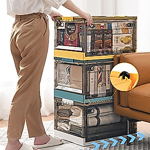 56 Quart Collapsible Storage Bins with Lids, Clear Stackable Lidded Storage Box with Wheels, Plastic Storage Container with 2 Doors, Storage Organizer with Attached Lid (Extra Large, Brown)