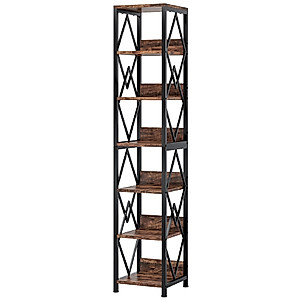 Tribesigns 6-Tier Bookshelf Storage Shelves: 75 Inches Tall Narrow Bookcase with Heavy Duty Metal Frame, Skinny Open Storage Display Rack for Living Room, Bedroom, Kitchen, Bathroom, Brown
