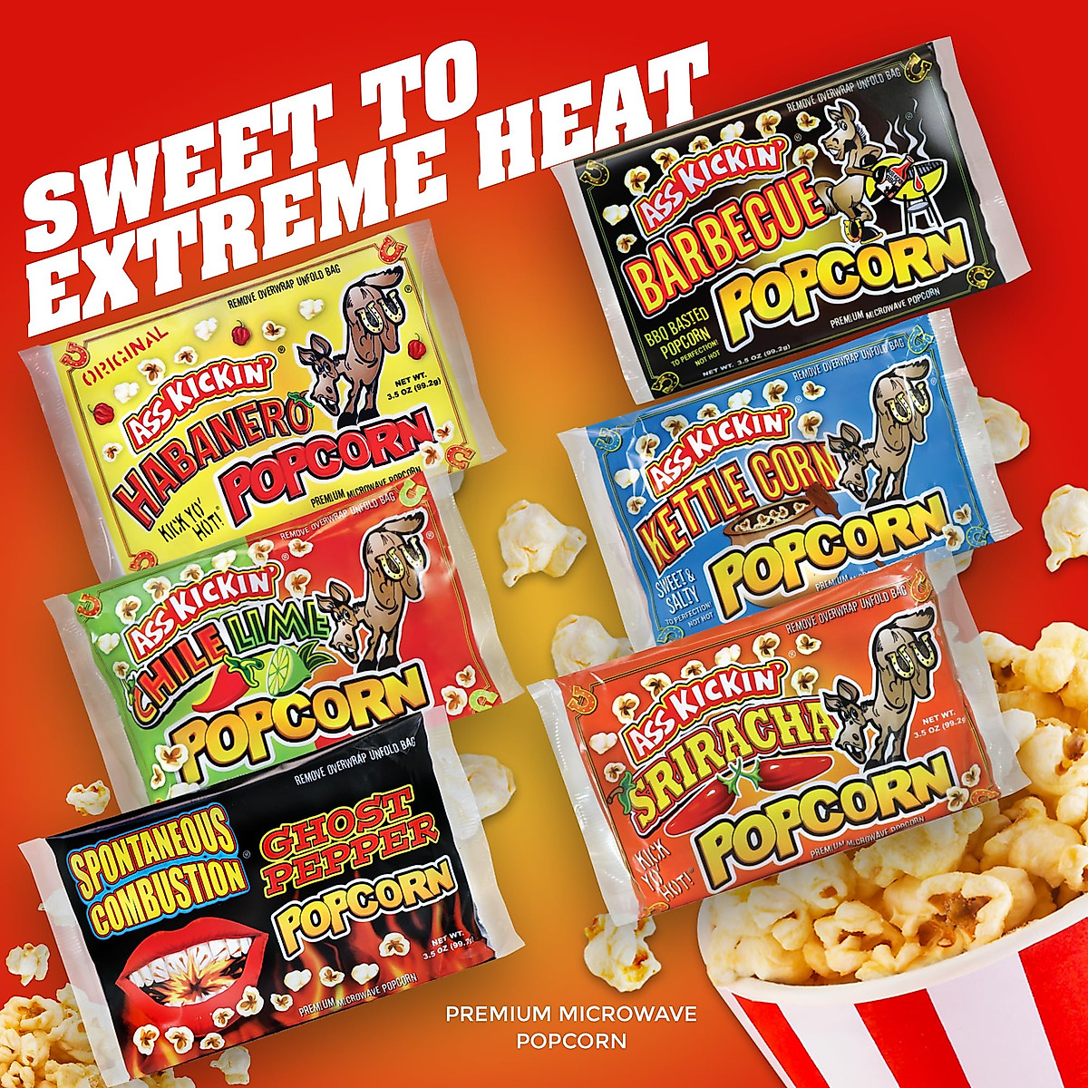 ASS KICKIN' Premium Microwave Popcorn – Variety Gift Pack (6) - Ultimate Spicy and Sweat Gourmet Gift - Try if you dare!
