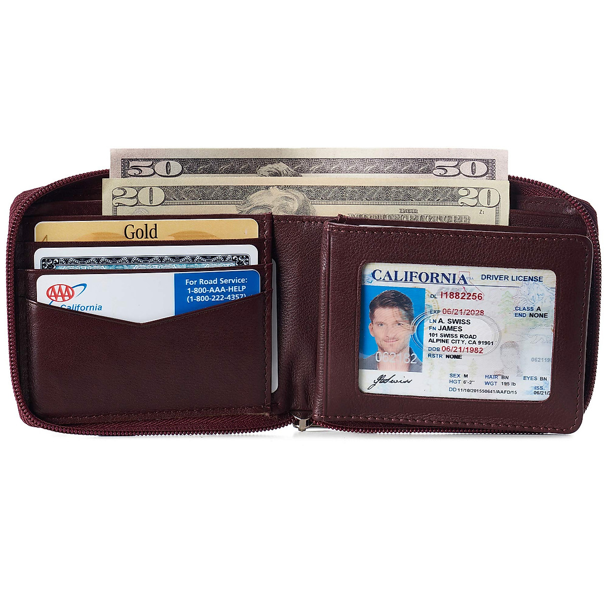 Alpine Swiss Logan Zipper Bifold Wallet For Men or Women RFID Safe Comes in a Gift Box Burgundy