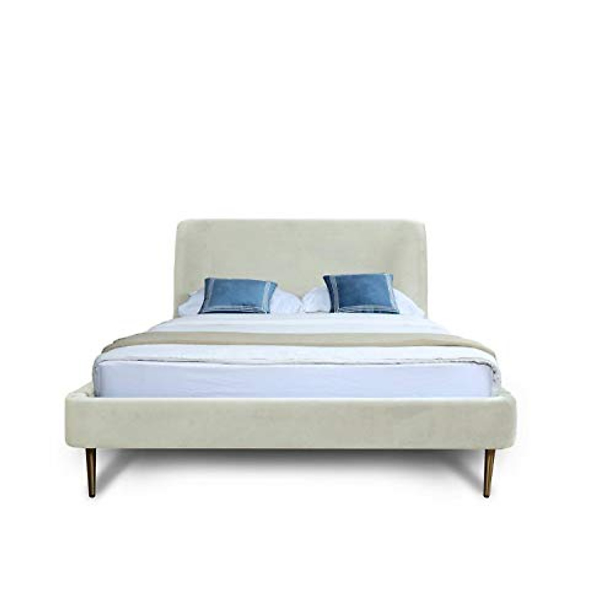 Manhattan Comfort Heather Mid Century Modern Bed Frame with Velvet Upholstered Headboard and Footboard, Queen, Cream