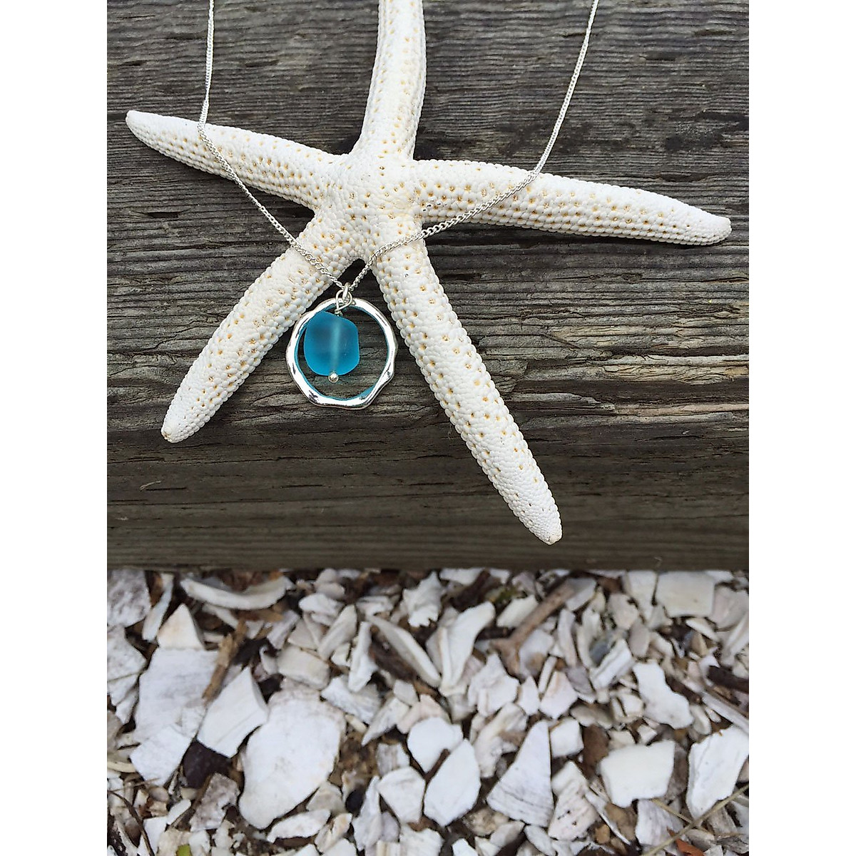 Ocean Waves Sea Glass Pendant Necklace, with sterling silver chain,Handmade Silver Plated Hoop with TumbledTurquoise Sea Glass