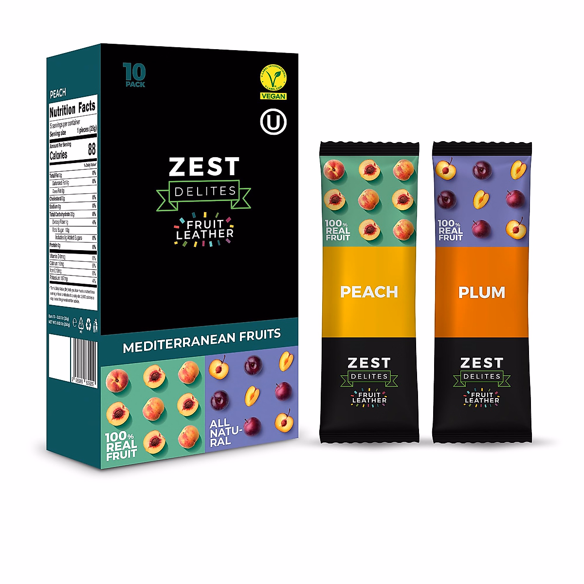 Fruit Snacks by Zest Delites, Fruit Leather, Healthy Snacks for Adults, Dried Fruit Bars, Gluten Free Fruit Strips, Vegan Healthy Snacks, Fruit Strips, Peach, Plum, 0.88 oz x 10