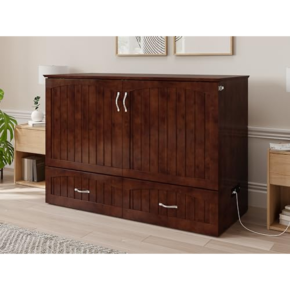 AFI Southampton Full Murphy Bed Chest with Mattress, Storage, and Built-in Charger in Walnut