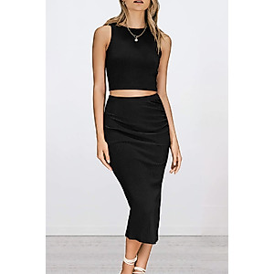 PRETTYGARDEN Women's 2 Piece Summer Outfits Crewneck Tank Tops Split Bodycon Midi Skirt Set (Black,Small)