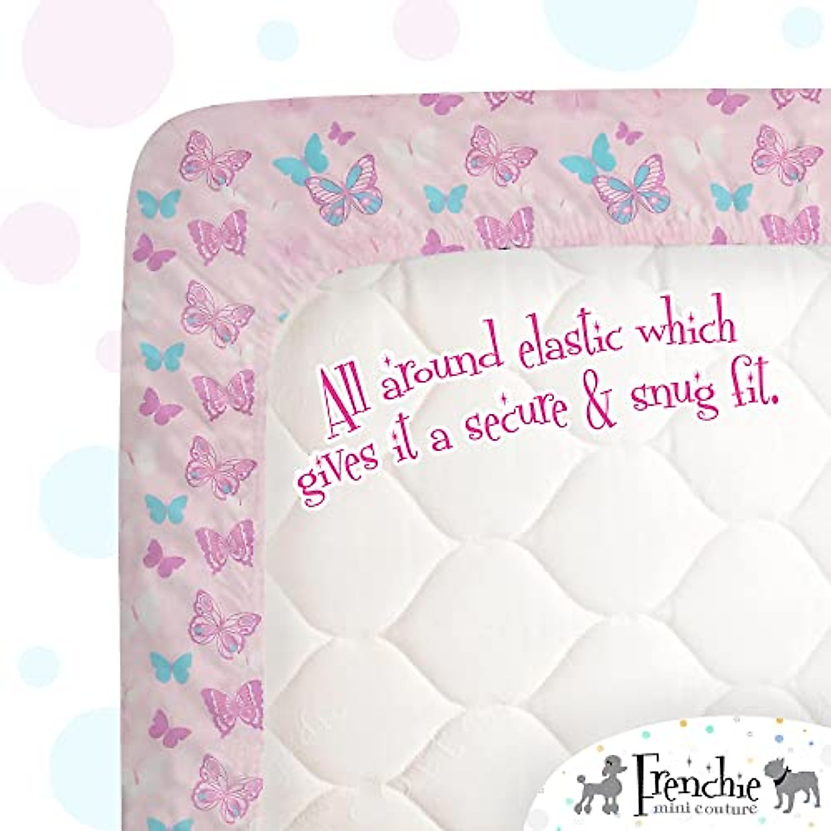 Frenchie Mini Couture, Fitted Crib Sheet Single, 100% Woven Cotton, Toddler Fitted Sheet, Fits Standard Size Baby Mattress 28 x 52 x 8in, Butterfly (Pink)