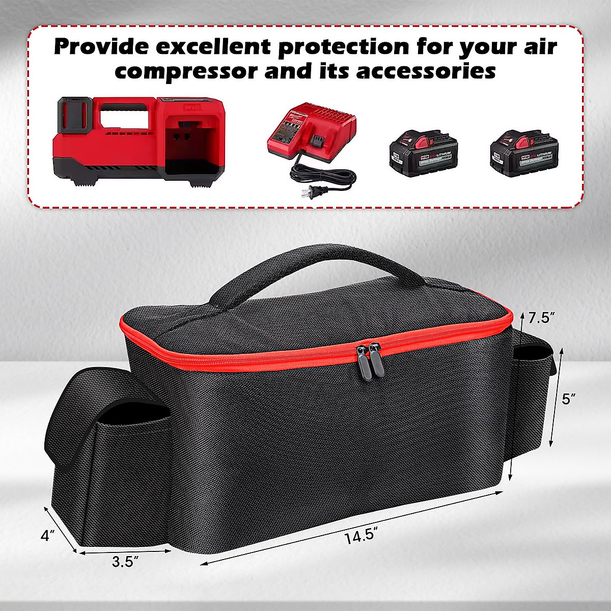 Air Compressor Bag Compatible with Milwaukee M18 Inflator 2848-20,with Pocket for Battery Pack,for 18V 3.0 to 9.0 Ah Battery,Milwaukee Air Compressor Storage Carrying Bag((Box only)
