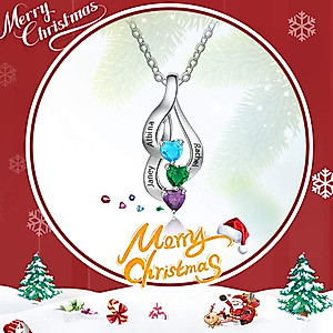 Personalized Sterling Silver 3 Heart Simulated Birthstone Mothers Pendant Necklace with Names Engraved Pendant Family Necklace for Women (3 Names)