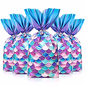 Frienda 100 Pcs Mermaid Party Favors Bags Goodie Candy Wide Bottom Cellophane Treat with Silver Twist Ties for Birthday Girls Supplies (Elegant Style)