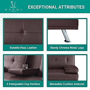 Naomi Home Transform Your Living Space with Comfort Espresso Futon Sofa Bed with Armrest, Cupholders, & Reclining Function, Ideal for Cozy Living Rooms! Sofa Bed Couch with Metal Legs, Faux Leather