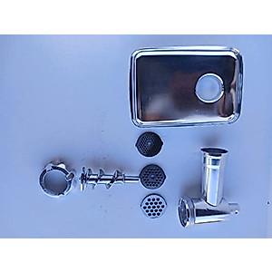 Meat Grinder attachments with feed tray, chute, and blade, Silver, 15x7