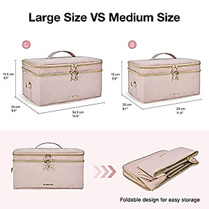 BAGSMART Medium Makeup Bag, Double Layer Large Cosmetic Makeup Organizer Travel Makeup Train Case with Shoulder Strap for Cosmetics Makeup Brushes Toiletries Travel Accessories (Pink)