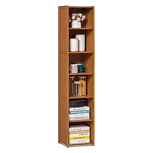 MoNiBloom Tall Slim Narrow Bookcase Bamboo 6 Tier Free Standing Tall Bookshelf Display Storage Shelves Collection Décor Furniture for Home Living Room Study Room, Brown