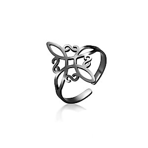 Witches Knot Ring For Women Stainless Steel Geometric Style Elegante Chic Irish Celtic Knot Adjustable Ring Witchcraft Amulet Jewelry (Black)