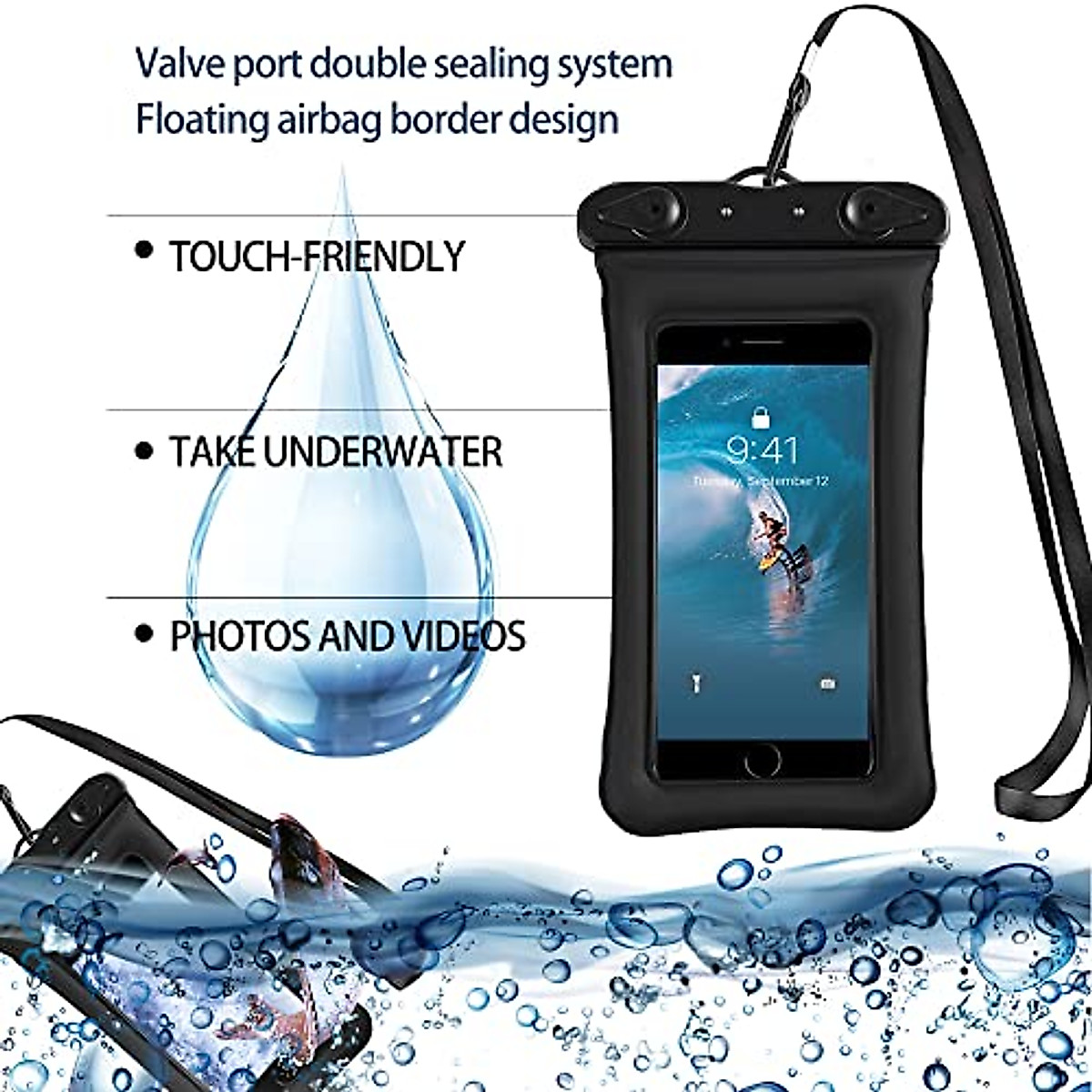 Syking Floating Waterproof Pouch Cellphone Dry Bag Case for Samsung Galaxy Note 20 Ultra S22 Plus S21 S10e S9 Note 10+ A03S A02S A13 A32 A42 A52 A02 A11 A21 A51 A71 5G iPhone 13 12 Pro Max 11 XR-Black