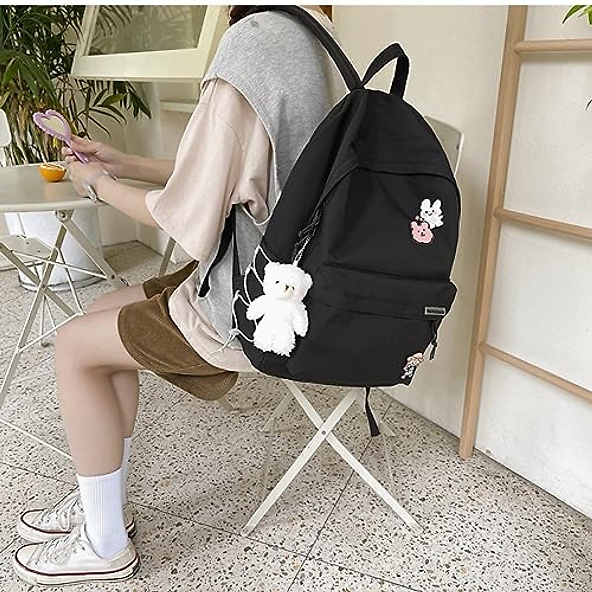 BILIPOPX Kawaii Backpack with Cute Accessories Aesthetic 15.6 Inch Laptop Backpack Pin Plush Pendant (Black,Single Backpack)