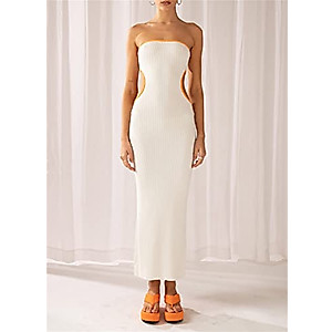 Yuemengxuan Women Sexy Backless Lace up Maxi Dress Elegant Spaghetti Strap Hollow Out Long Dress Party Streetwear (Beige #05M, S)