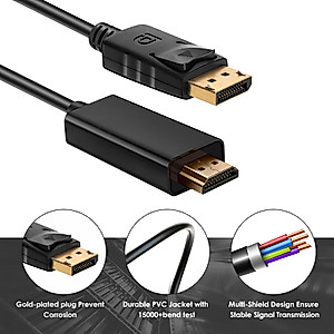 NICEKEY DisplayPort to HDMI 6 feet(1.8Meters) Cable, 1080P Uni-Directional Male to Male DP to HDMI Cord for PCs to HDTV, Monitor, Projector... (3-Pack)