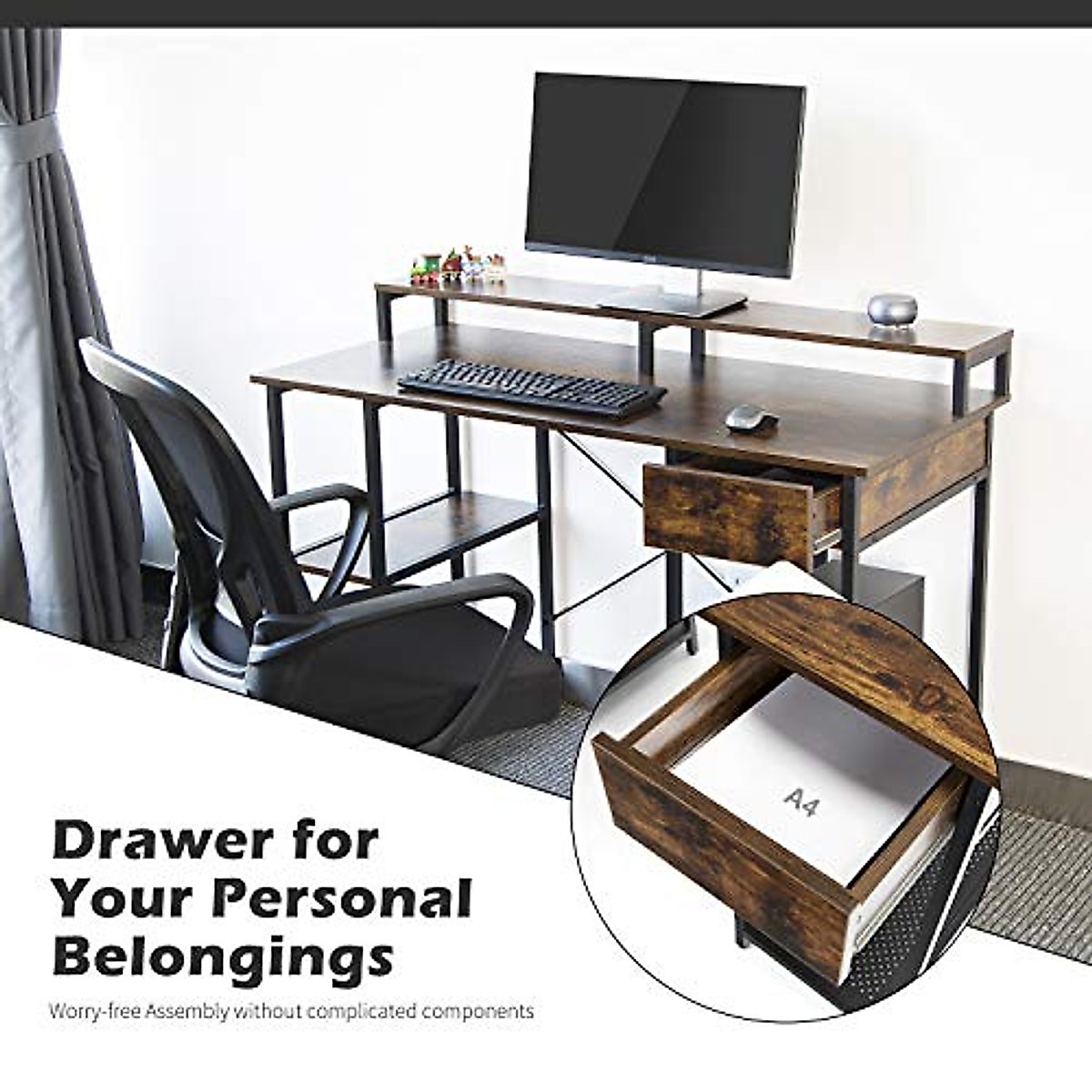 OUTFINE Desk Computer Desk Office Desk with Drawer, Monitor Stand and Storage Shelves
