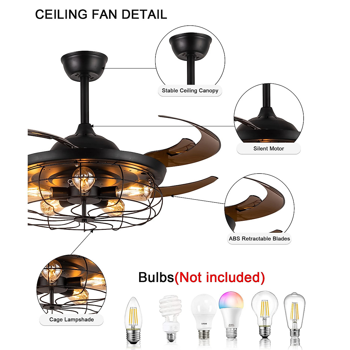 APBEAMLighting 48 Inches Retractable Ceiling Fan Industrial Caged Ceiling Fan Reversible Blades Black Farmhouse Ceiling Fan with Lights and Remote Control for Living Dining Room